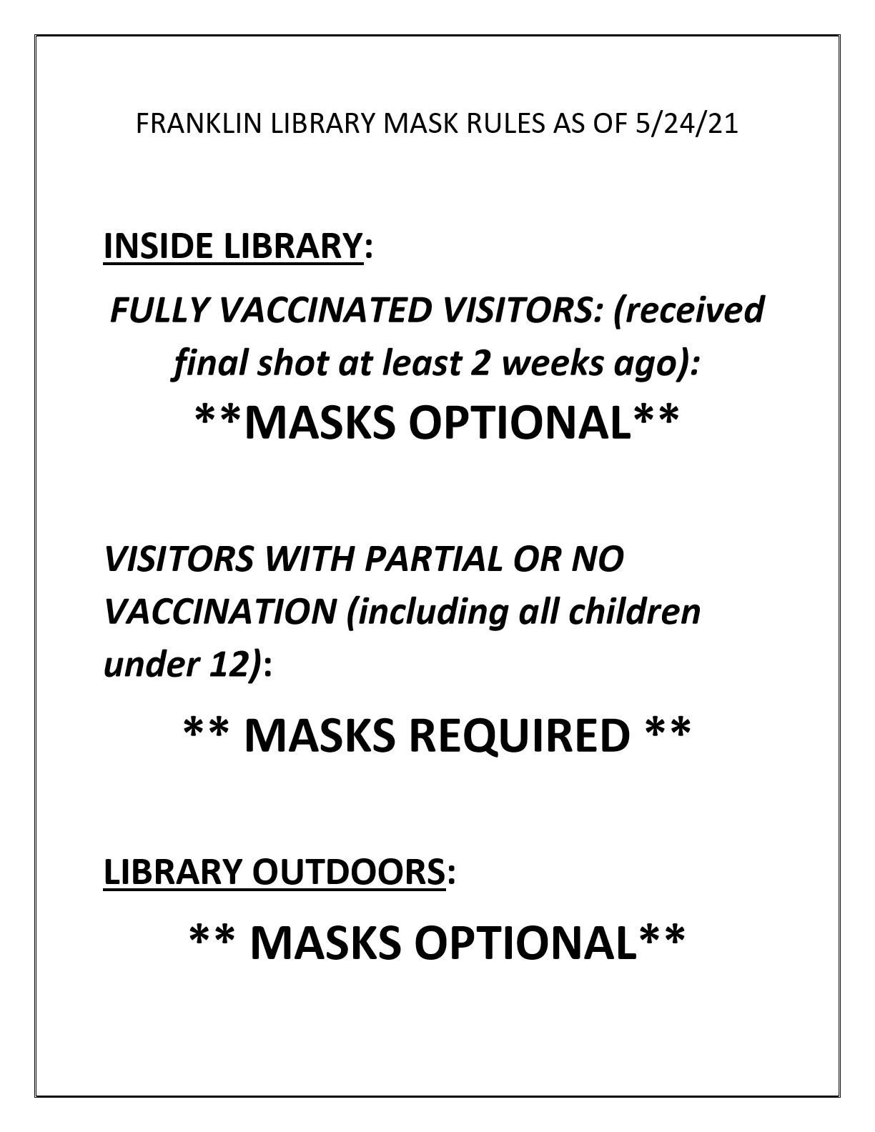 Wednesday May 26th : New Mask Rules – FRANKLIN LIBRARY