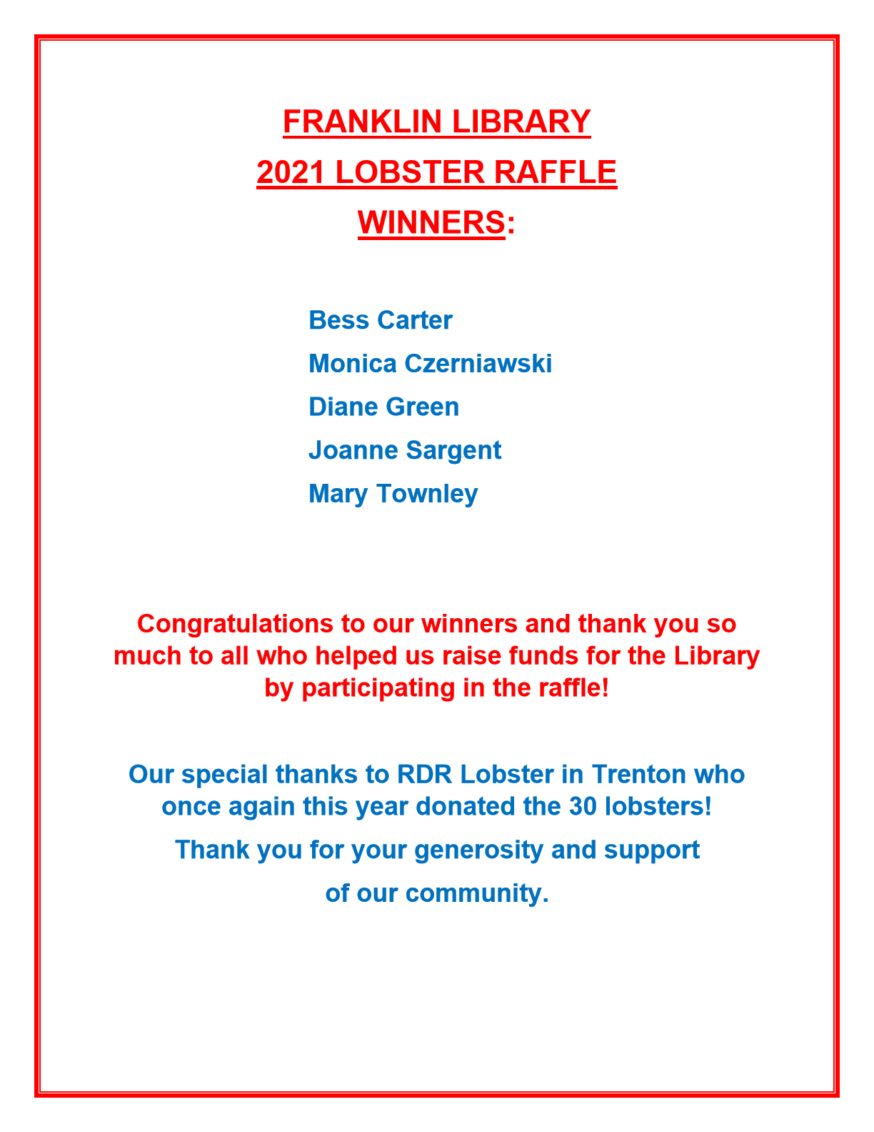 Winners of 2021 Lobster Raffle: – FRANKLIN LIBRARY