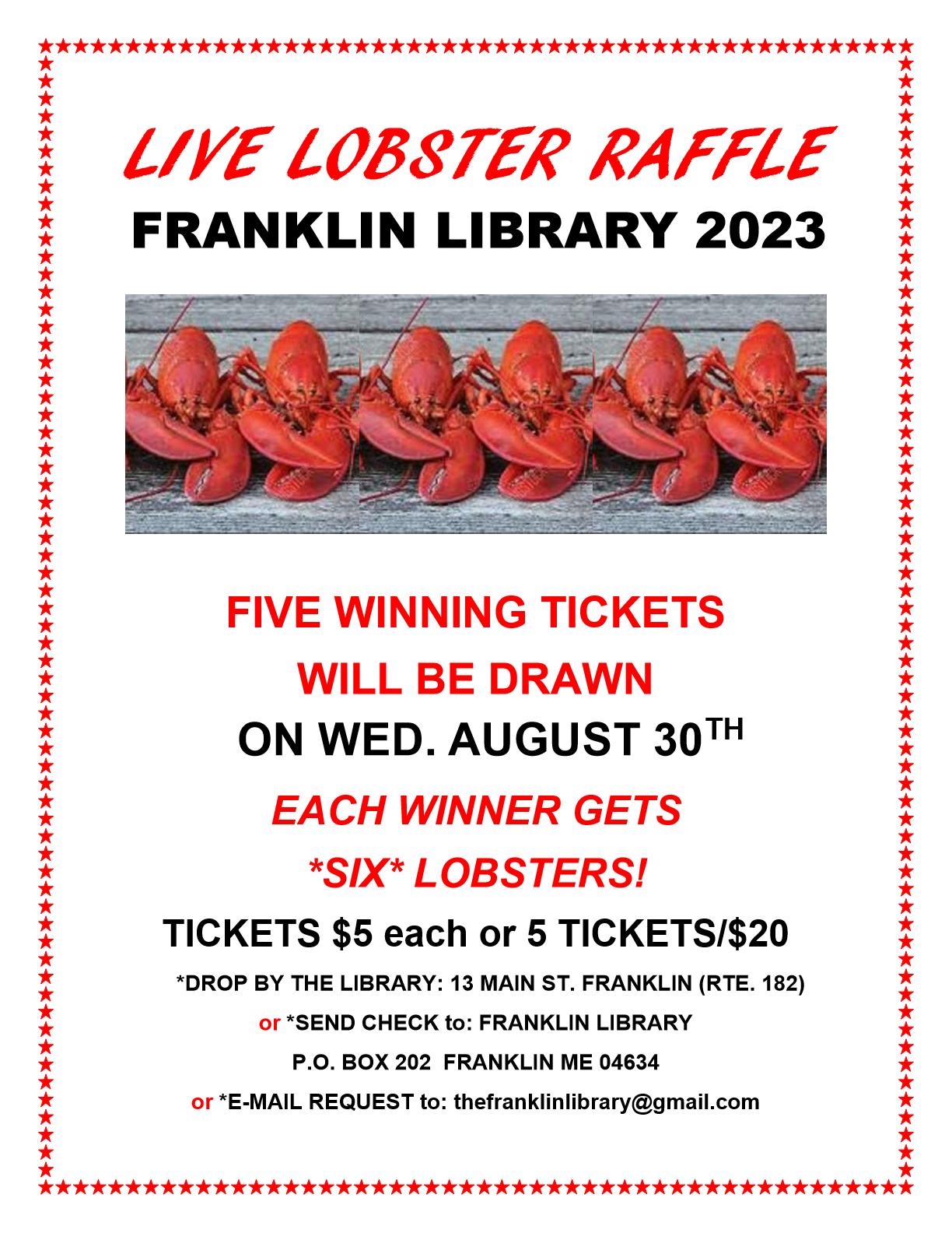 Wed. August 30th: Annual Live Lobster Raffle – FRANKLIN LIBRARY